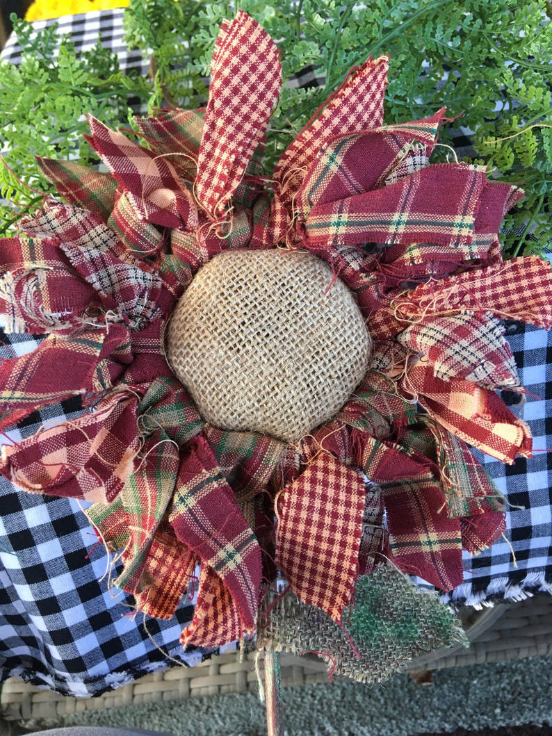Primitive Handmade, Homespun Fabric Flower on a Dowel, Burgundy and ...