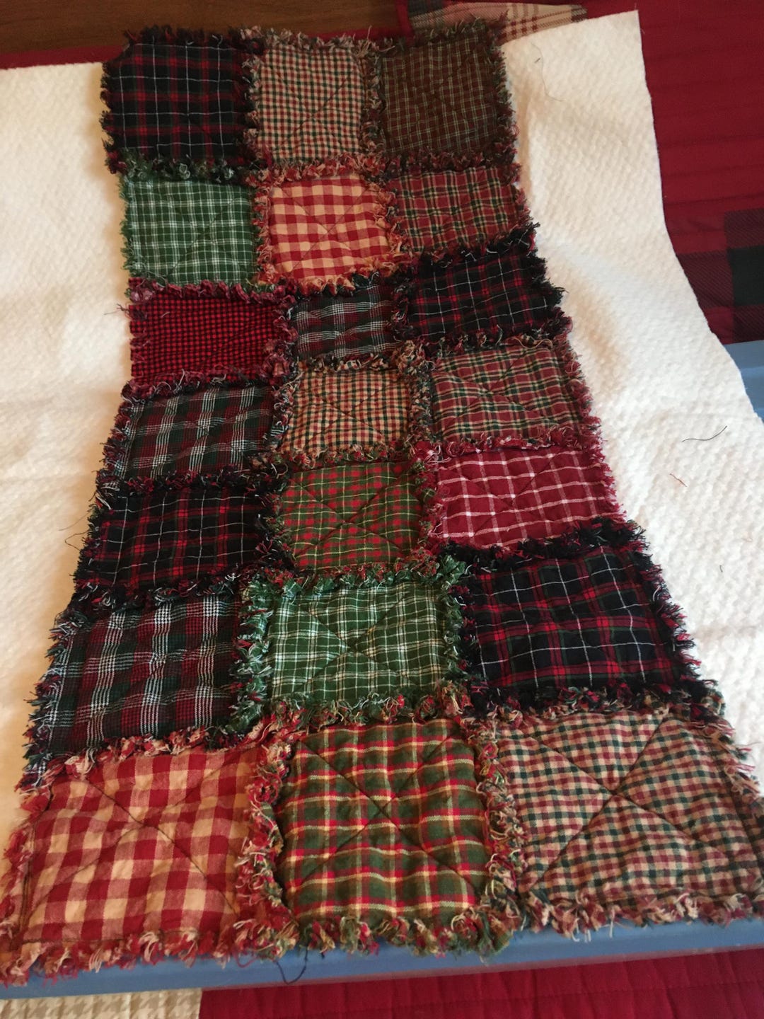 Homespun Rag Quilt Table Runner in Holiday Colors, Primitive Rag Quilt ...