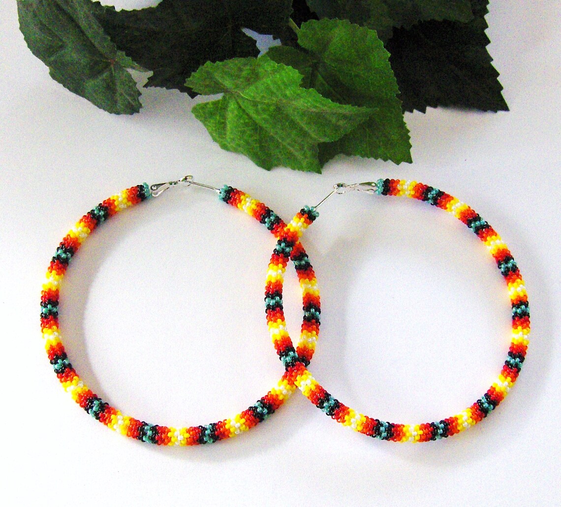 Native American Inspired Extra Large Hoop Earrings - Beaded Stud ...