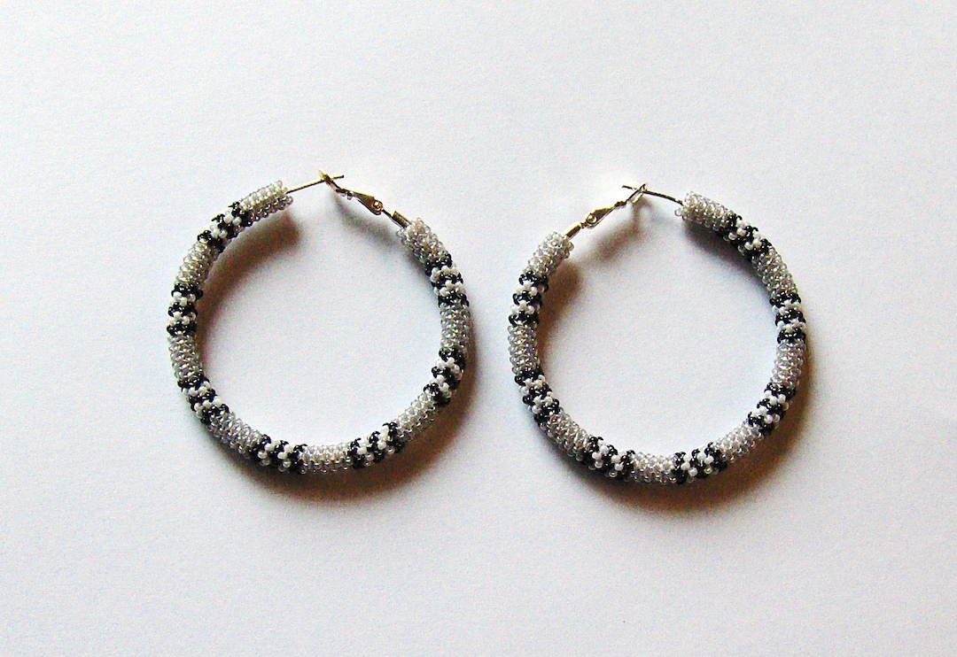 Hoop Earrings - Gray Hoop Earrings - Seed Bead Earrings - Beaded Hoop ...