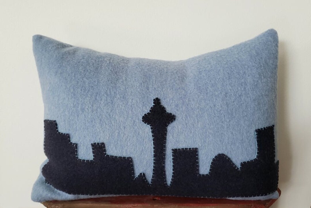 24" X 18" Wool Seattle Skyline Large Throw Pillow Cover Cushion Blue ...
