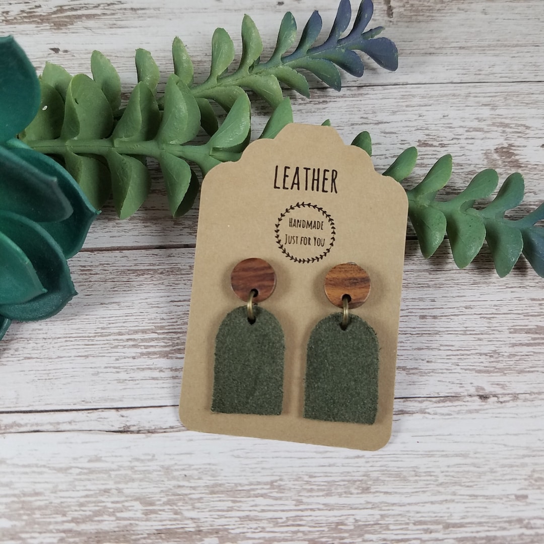Mini U-shape Olive Green Suede Leather Earrings: Wood Stud - Etsy