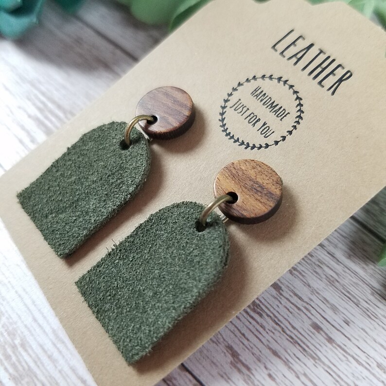 Mini U-shape Olive Green Suede Leather Earrings: Wood Stud - Etsy