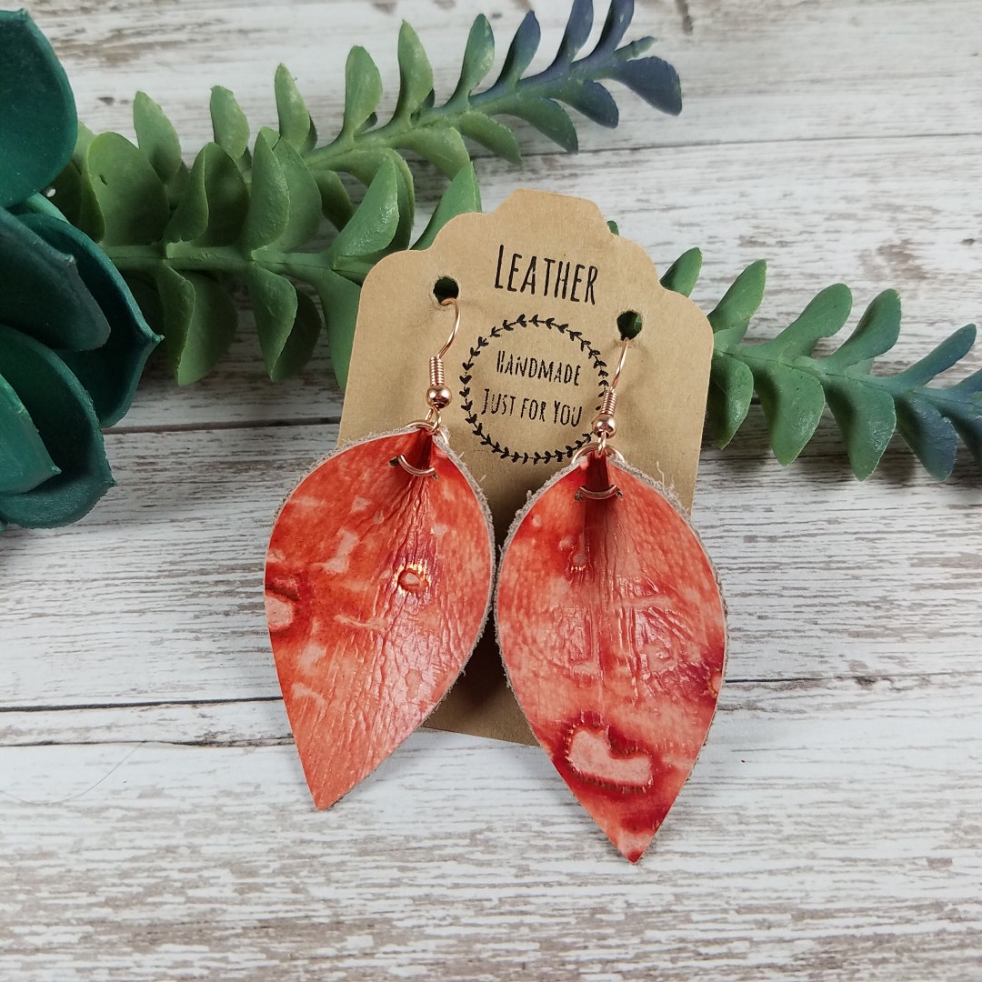 Small Orange Coral Worn Pinched Leaf Leather Earrings/metallic Embossed ...