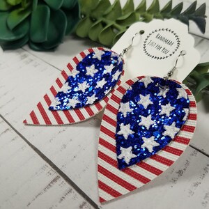 Glitter Stars and Stripes Patriotic Layered Pinched Leaf Petal Earrings ...