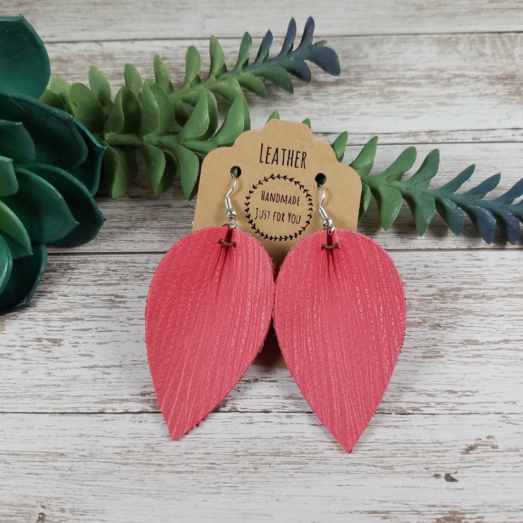 Coral Pink Textured Pinched Leaf Petal Leather Earring/gift for Her ...