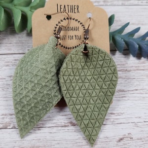 Olive Green Suede Leather Pinched Leaf Earrings/textured Lines Petal ...