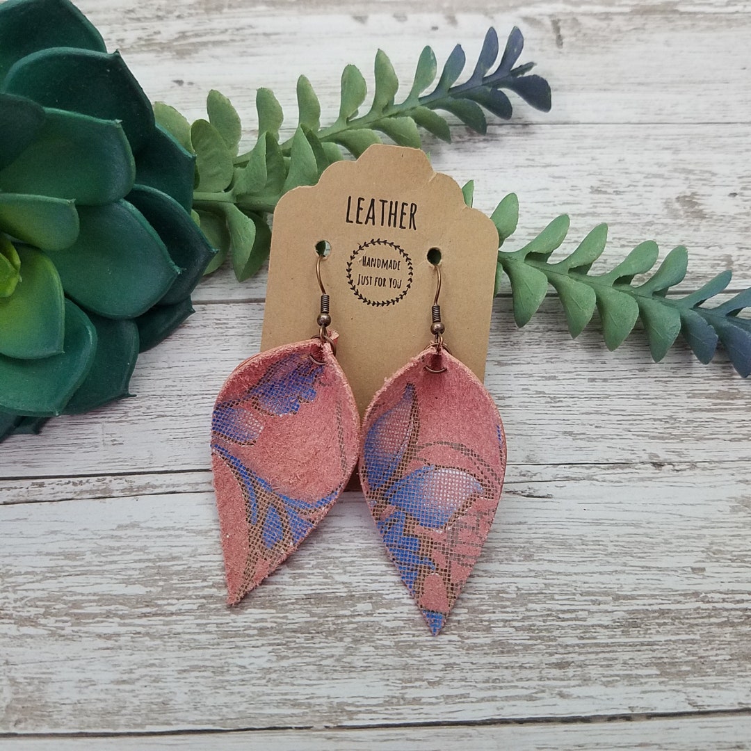 Peach Coral Pink Shimmer Suede Pinched Leaf Earrings/blue Floral ...