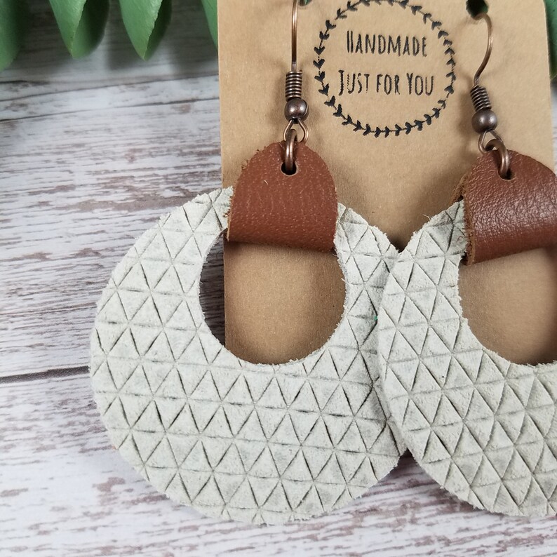 Cream White Suede Leather Earrings, Circle Cutout Dangle With Brown ...