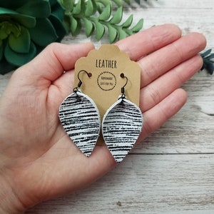 Small Black and White Pinched Leaf Leather Earrings/petal Earrings/gift ...