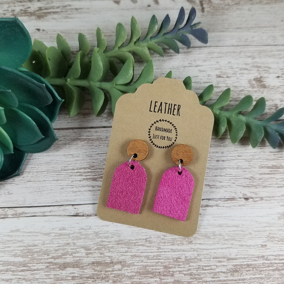 Mini Pink U Shape Suede Leather Wood Earrings/petite Small Modern ...