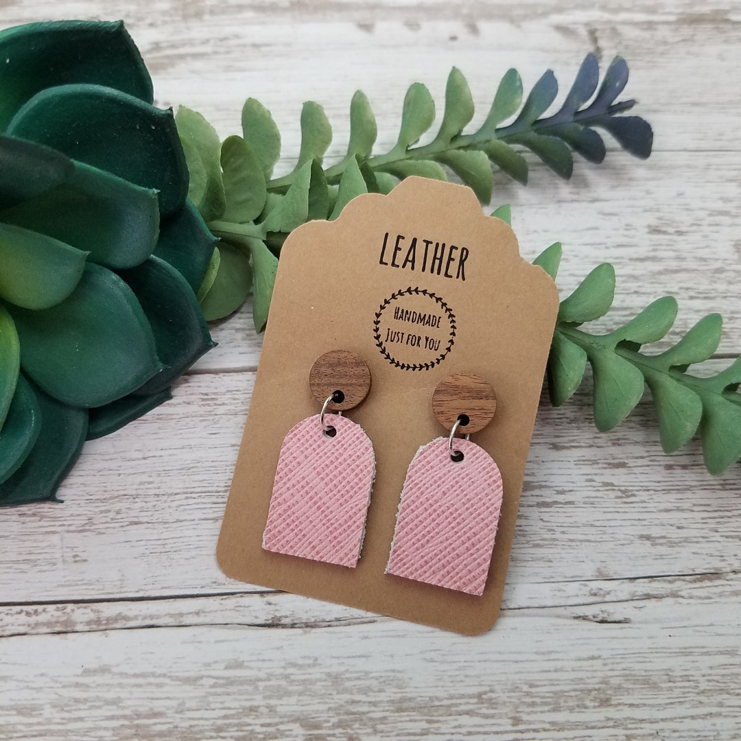 Mini Dusty Pink U Shape Textured Leather Wood Earrings/petite Small ...