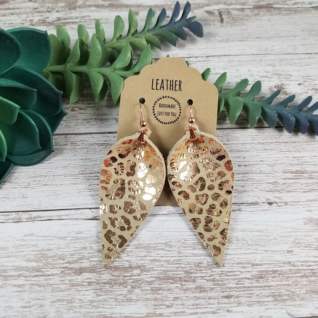 Long Rose Gold Beige Cheetah Print Pinched Leaf Earrings, Animal Design ...