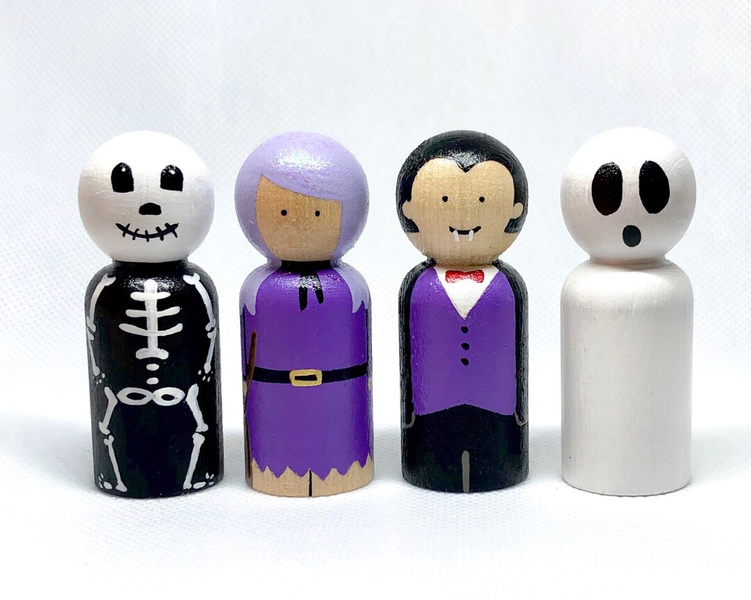 Hand-painted Halloween Peg Doll Set: Witch, Skeleton, Vampire, Ghost - Etsy
