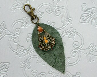 Leaf Keychain Purse Tassel Green Suede Leather Boho Bag Charm | Etsy