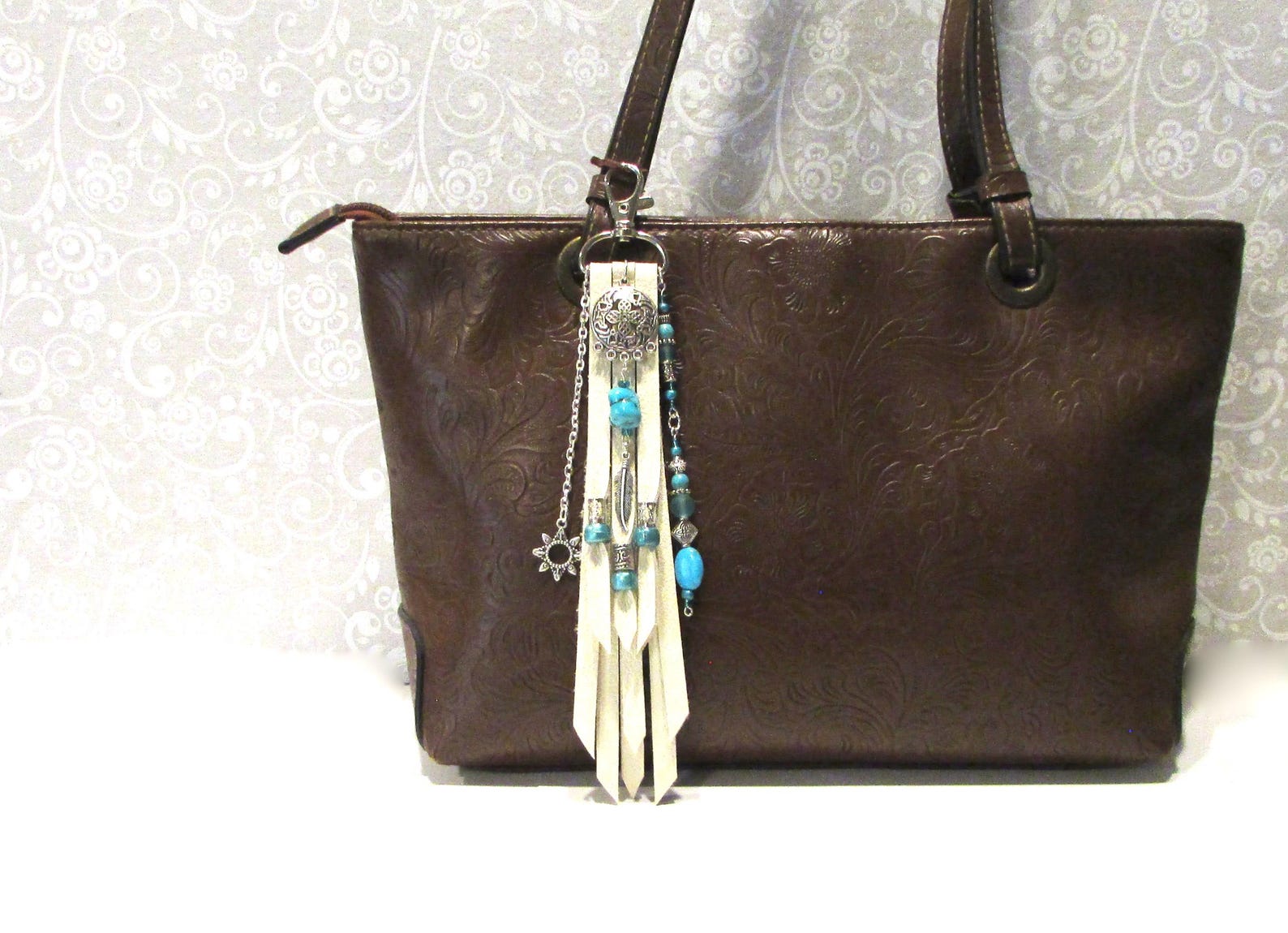 Leather Fringe Purse Charm Long Leather Bag Charm Cream off White ...