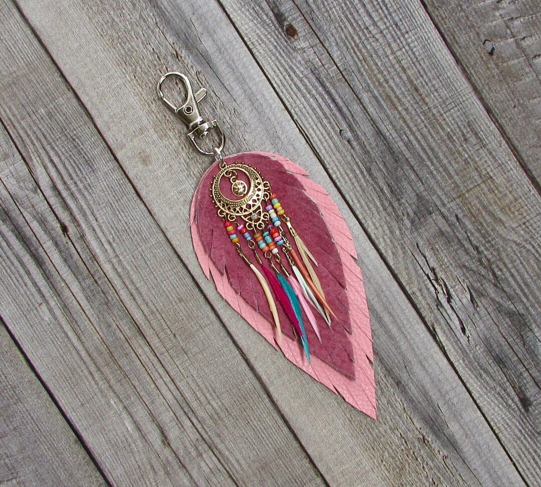 Pink Purse Charm Leather Feather Purse Tassel Leather Boho Bag Charm ...