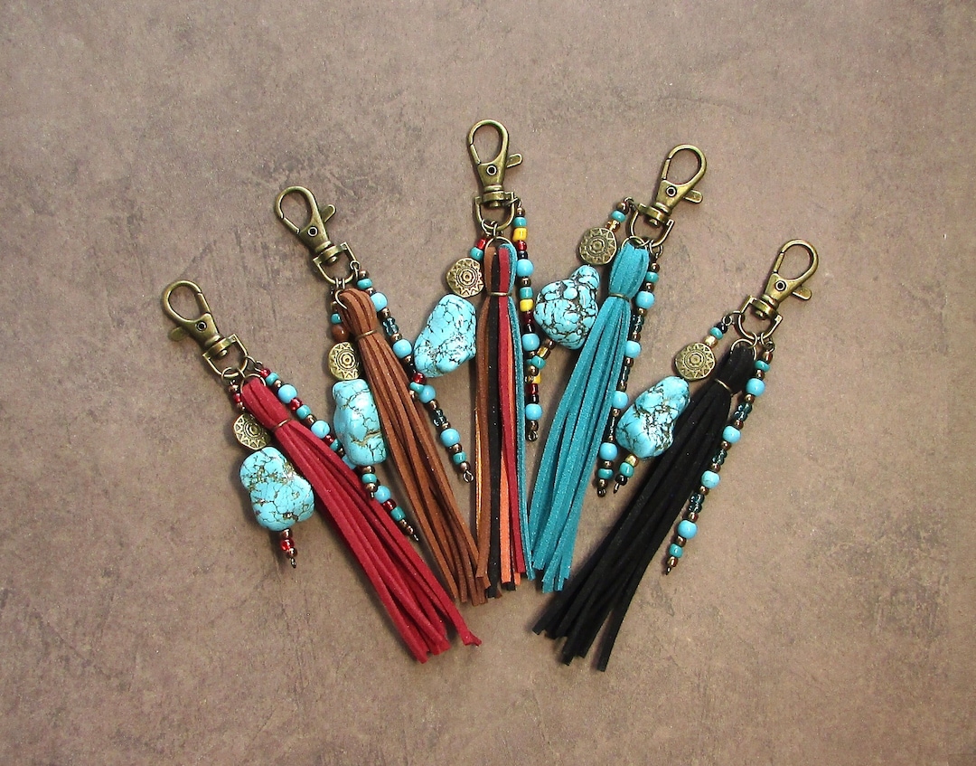 Bag Charm Boho Turquoise Nugget Beaded Fringe Purse Tassel Boho Chic ...