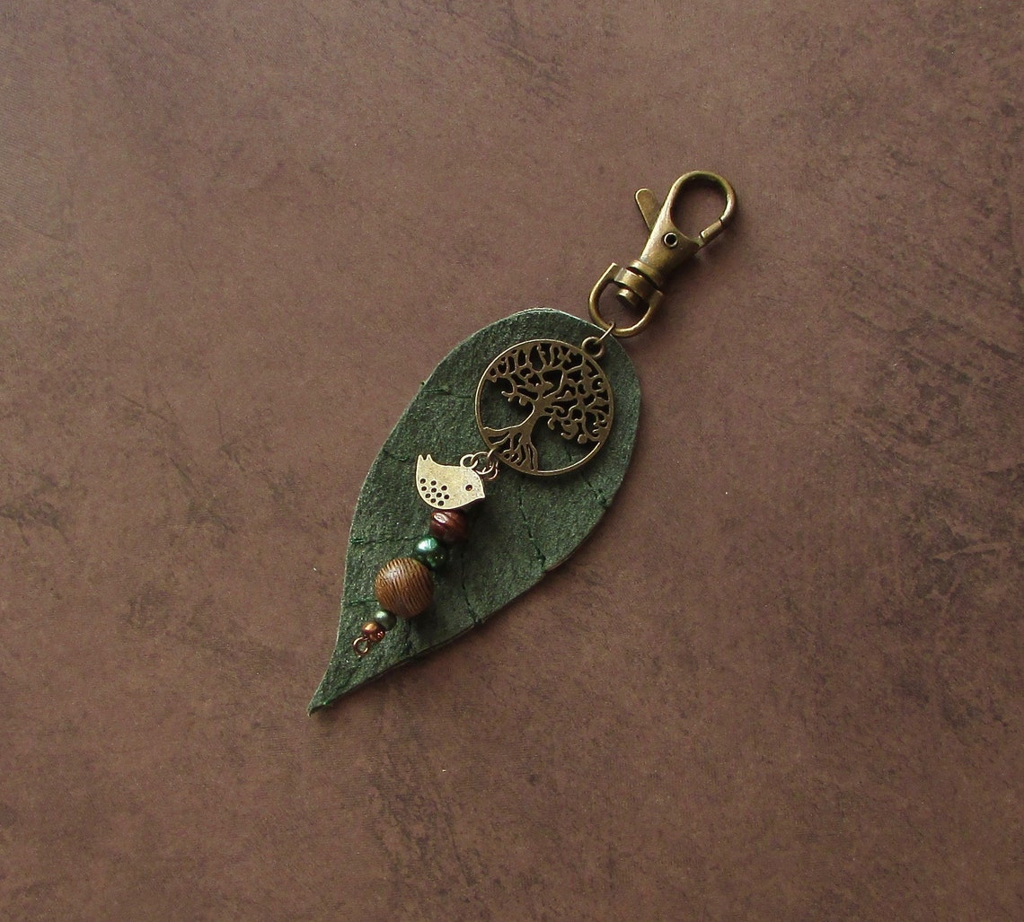 Leaf Keychain Purse Tassel Green Suede Leather Boho Bag Charm | Etsy