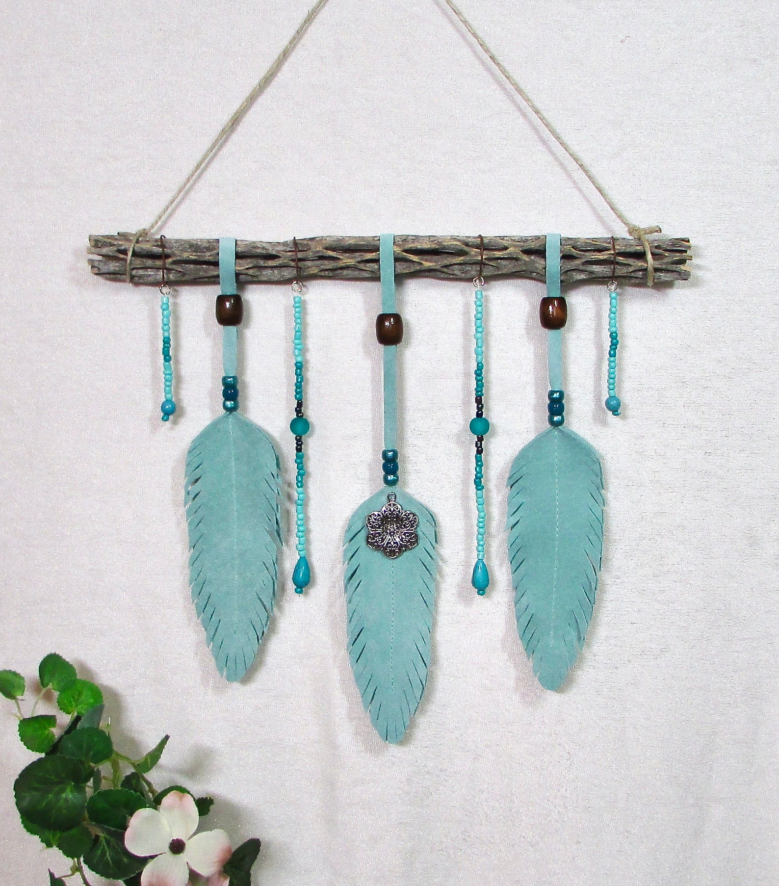 Leather Feather Wall Hanging Boho Aqua Feather Wall Art Earthy - Etsy