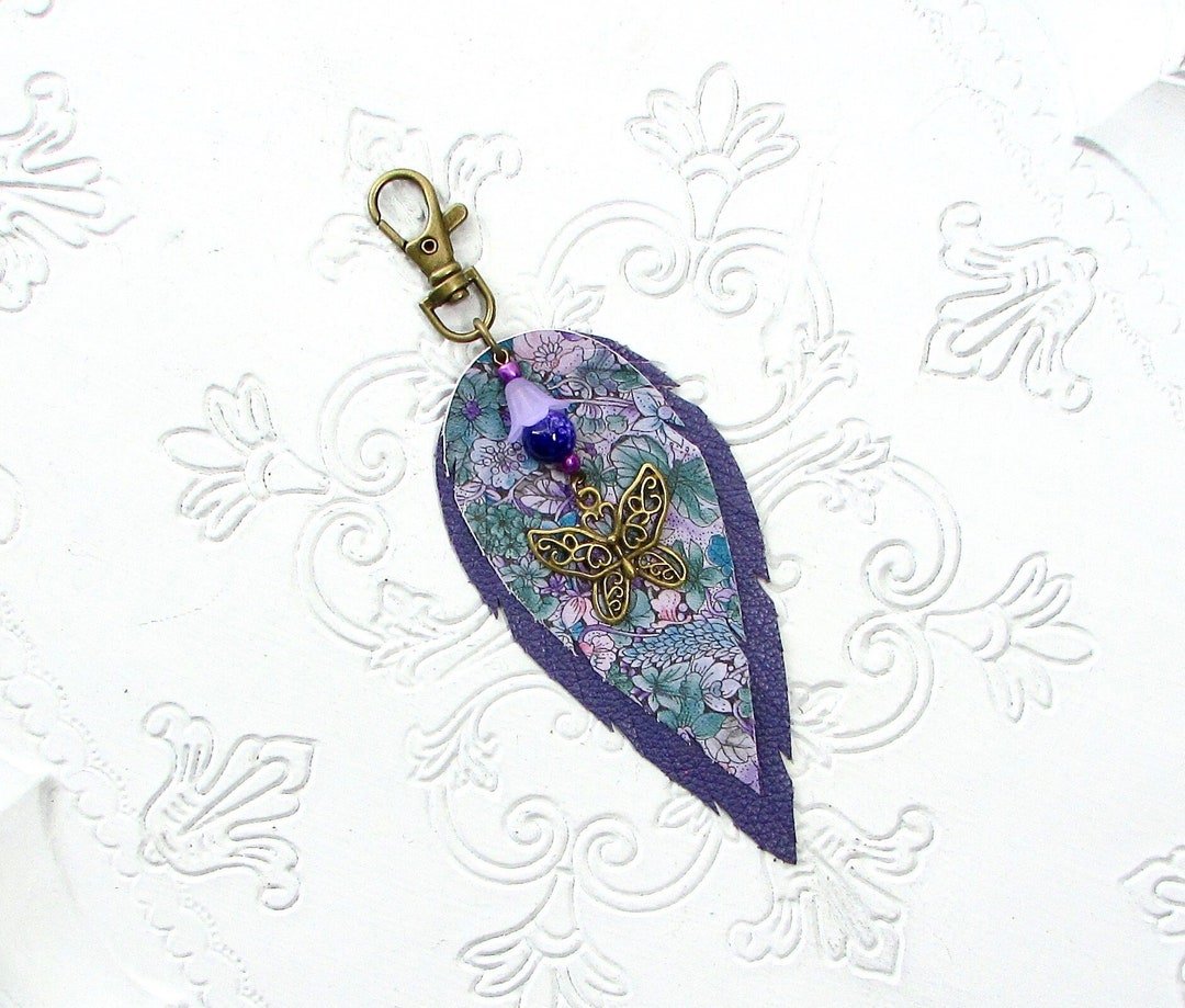 Purple Purse Charm Leather Feather Purse Tassel Butterfly Leather Boho ...