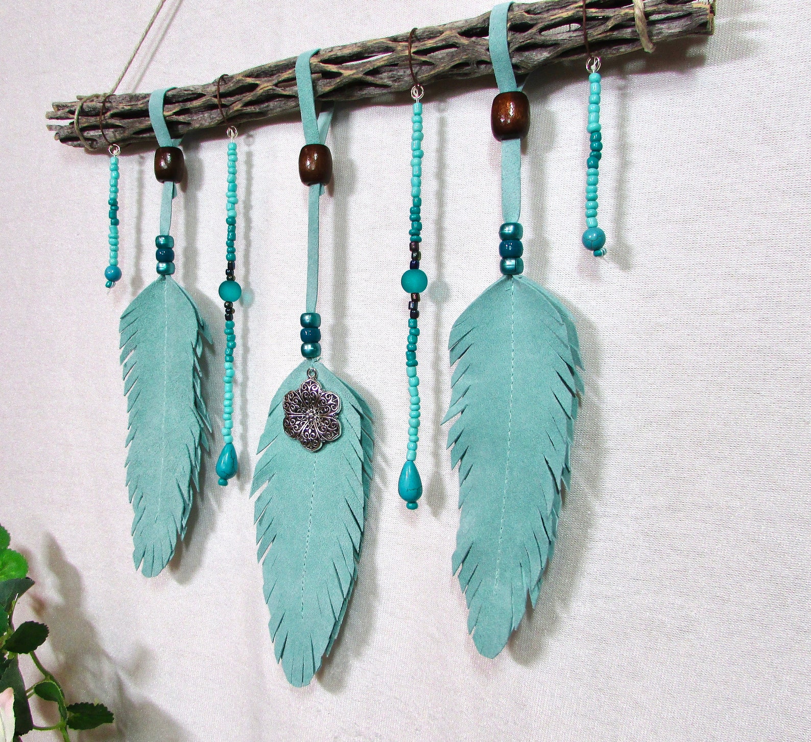 Leather Feather Wall Hanging Boho Aqua Feather Wall Art Earthy - Etsy