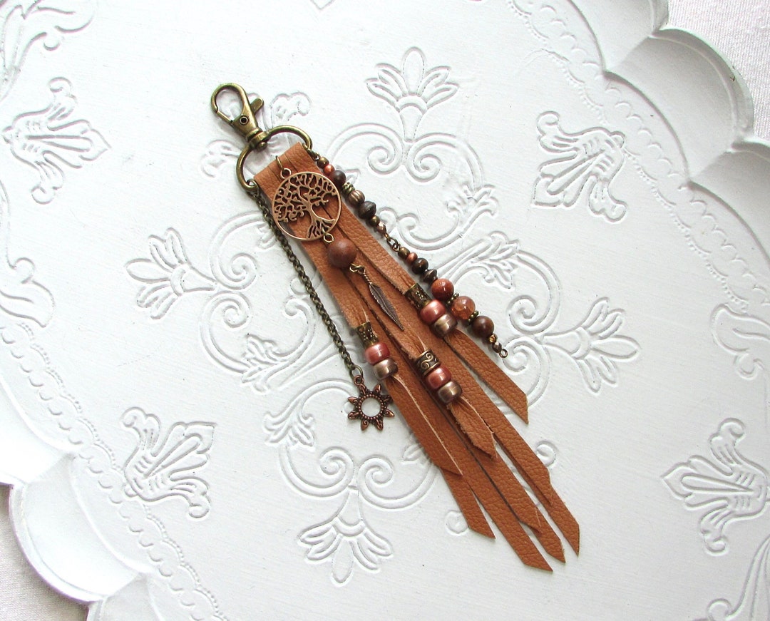 Copper Leather Fringe Purse Charm Copper Brown Leather Bag Charm Tassel ...