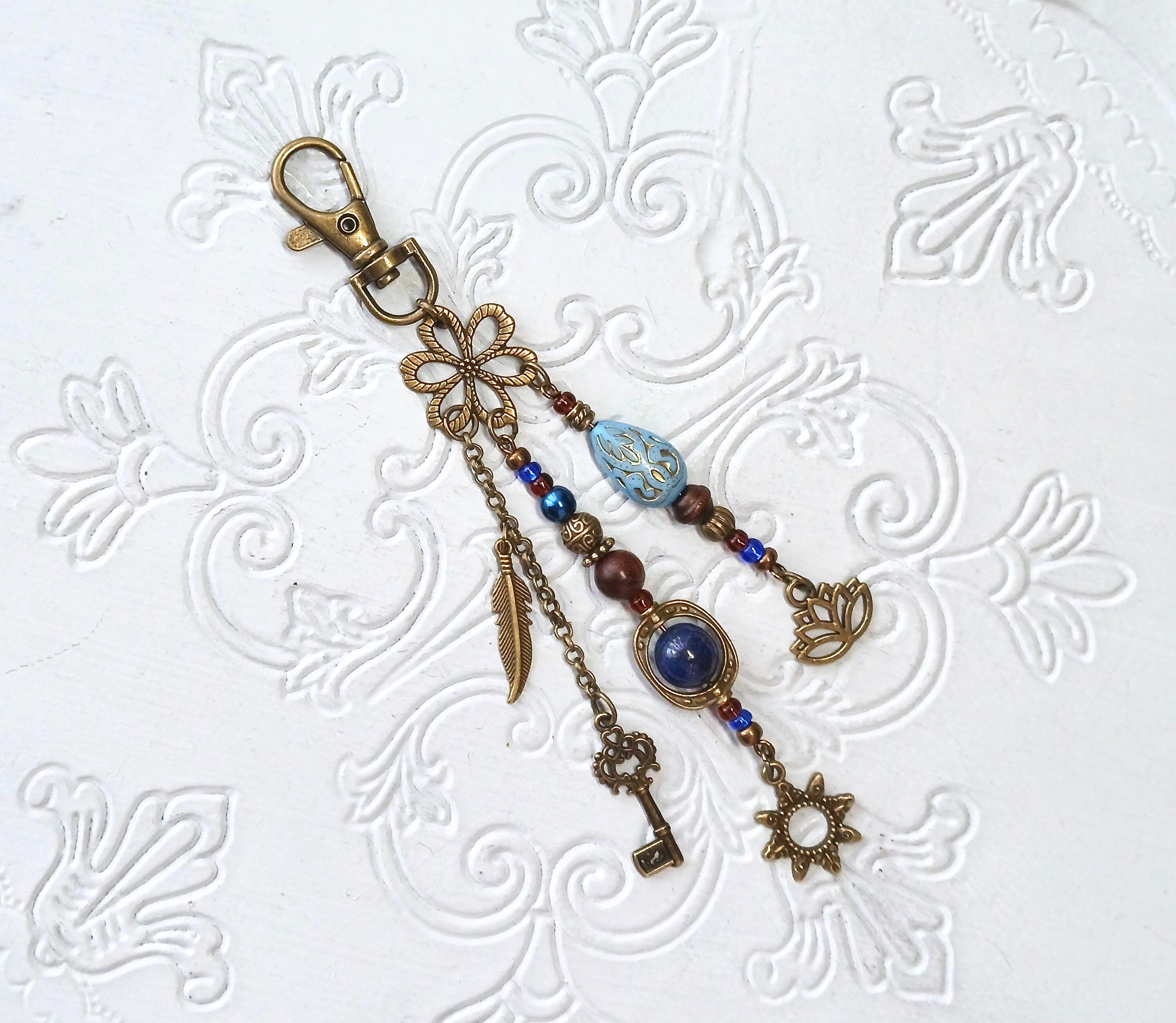 Purse Charm Blue Gemstone Flower Bag Charm Lapis Beaded Fringe Bag ...