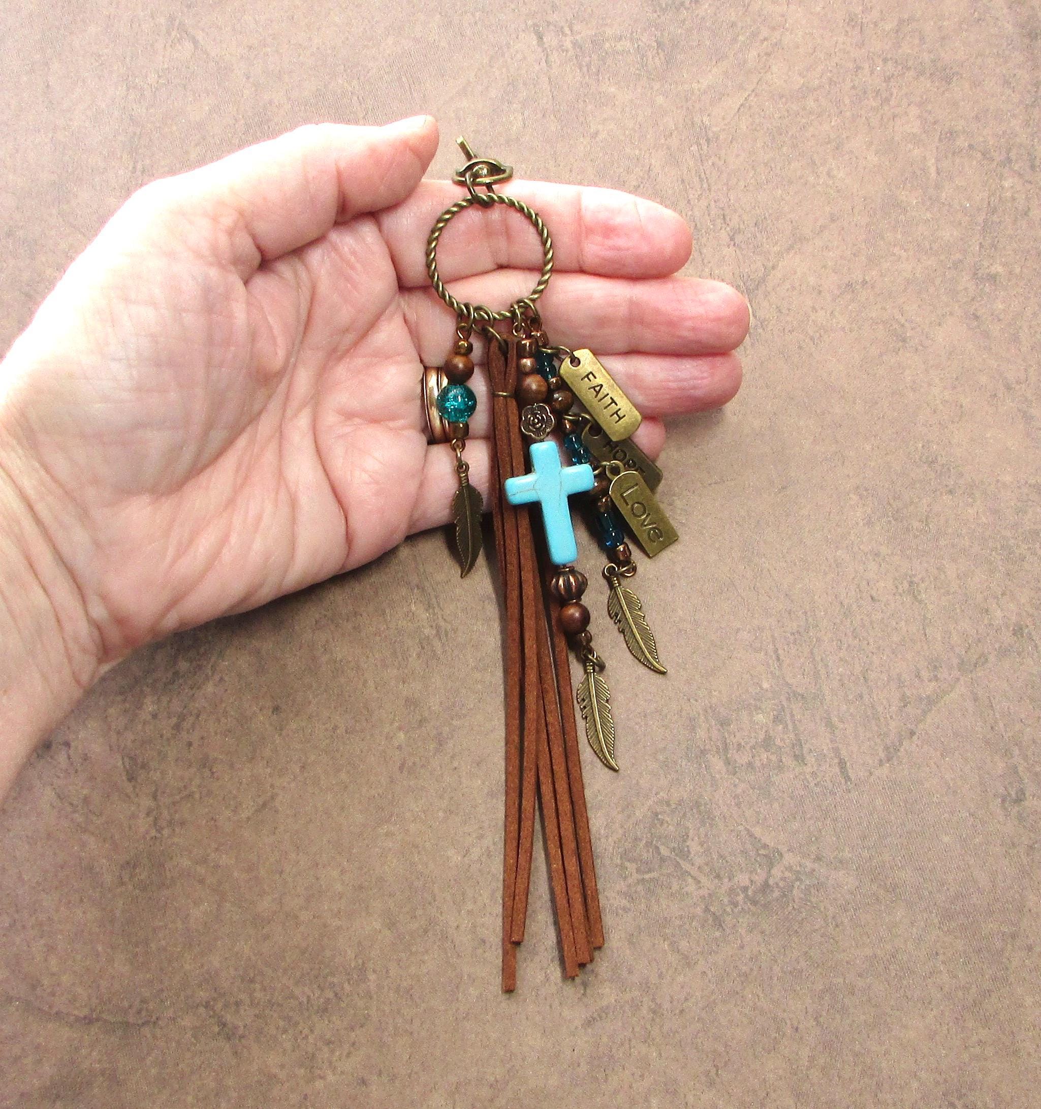 Beaded Fringe Bag Charm Faith Hope Love Western Boho Cross Purse Tassel ...