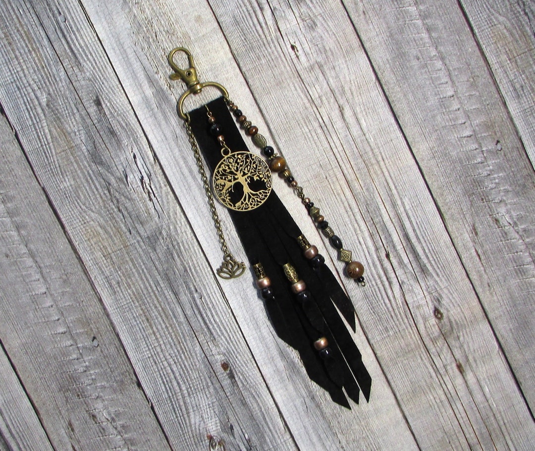 Black Suede Leather Fringe Bag Charm Tree of Life 9 Tassel Hippie Boho Fringe Purse Tassel Gypsy ...