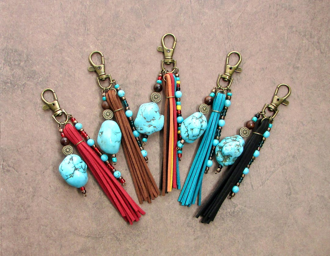 Bag Charm Boho Turquoise Nugget Beaded Fringe Purse Tassel Boho Chic ...
