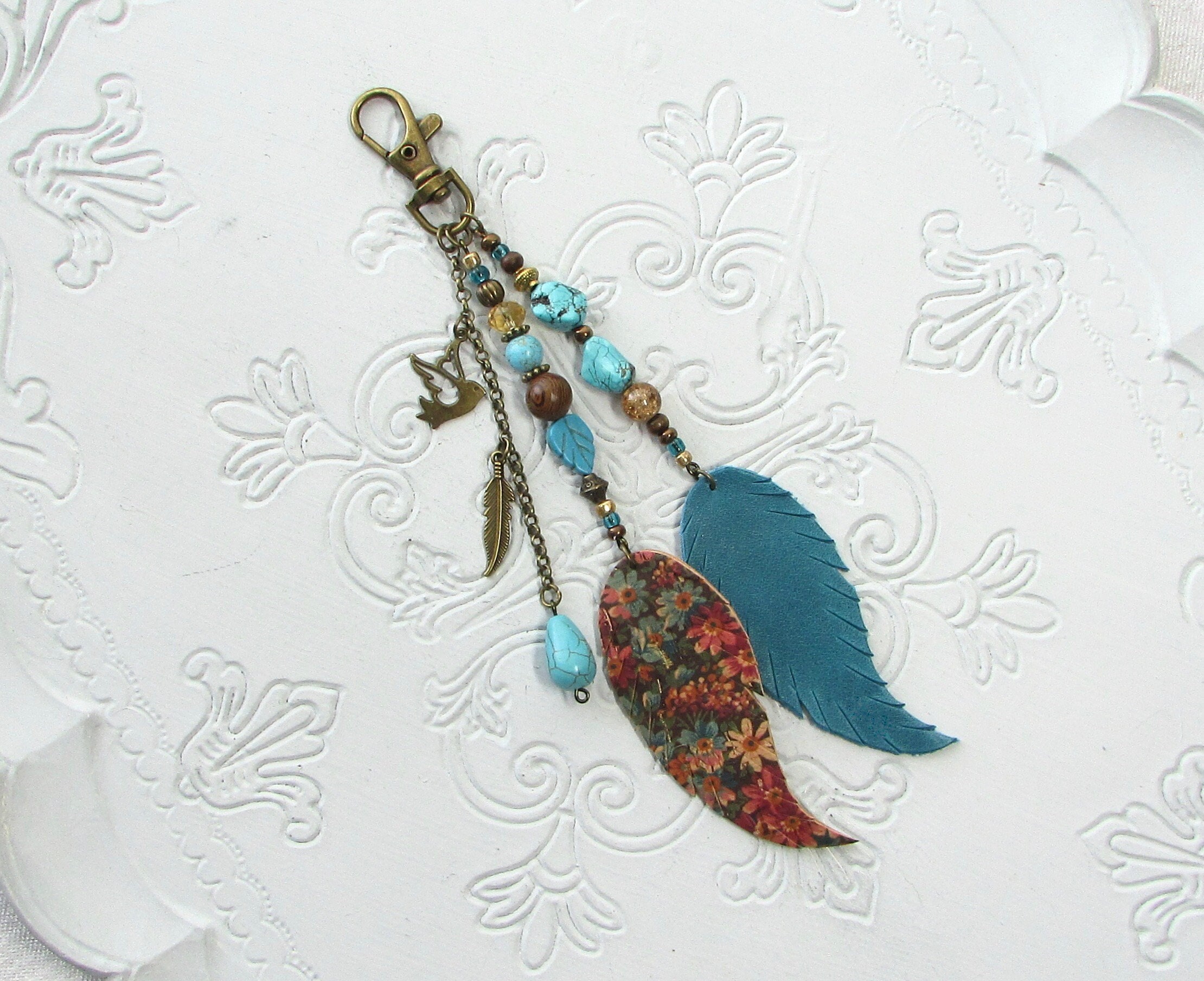 Purse Tassel Boho Bag Charm Western Leather Feathers & Turquoise Fringe ...