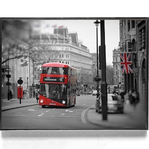 London Bus Wall Art - London Bus Print 16x20, Black White Red, London ...