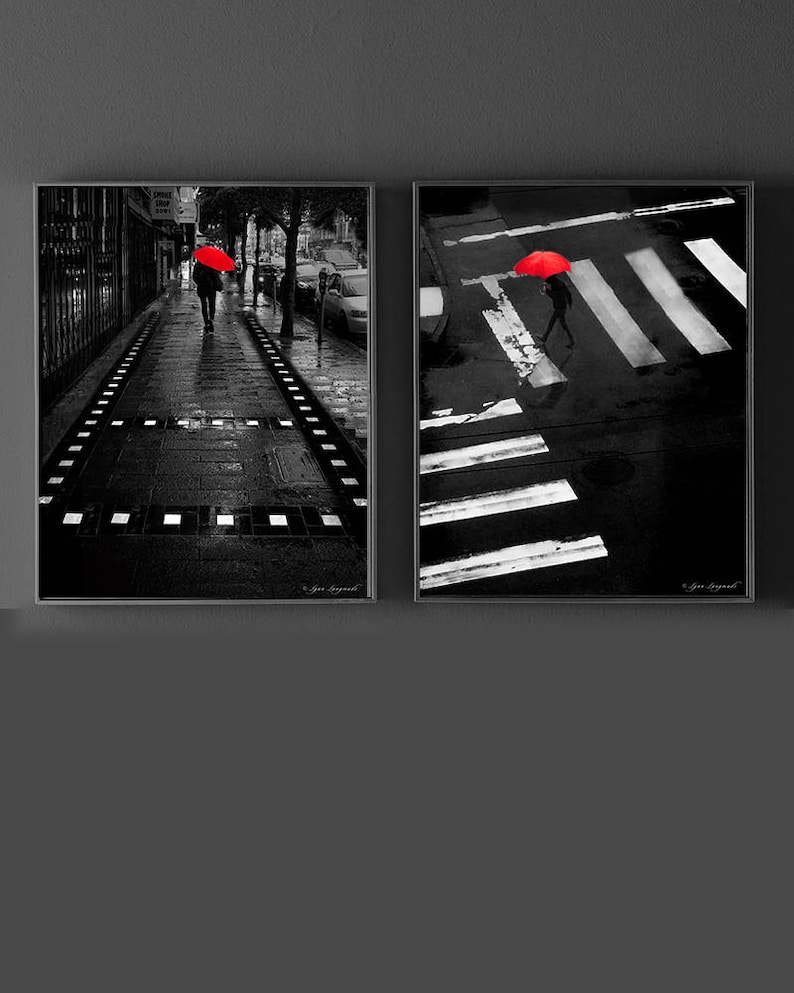 Red Umbrella Art Print Set - Set of 2 Red Umbrella Print 8x10 Modern ...