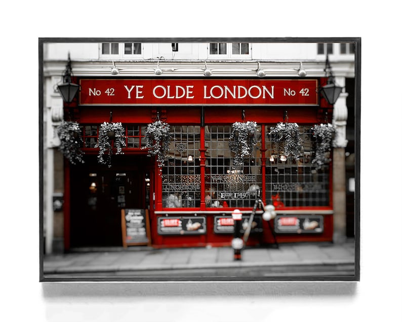 London Pub Art English Pub Black White Red Wall Decor 11x14 | Etsy