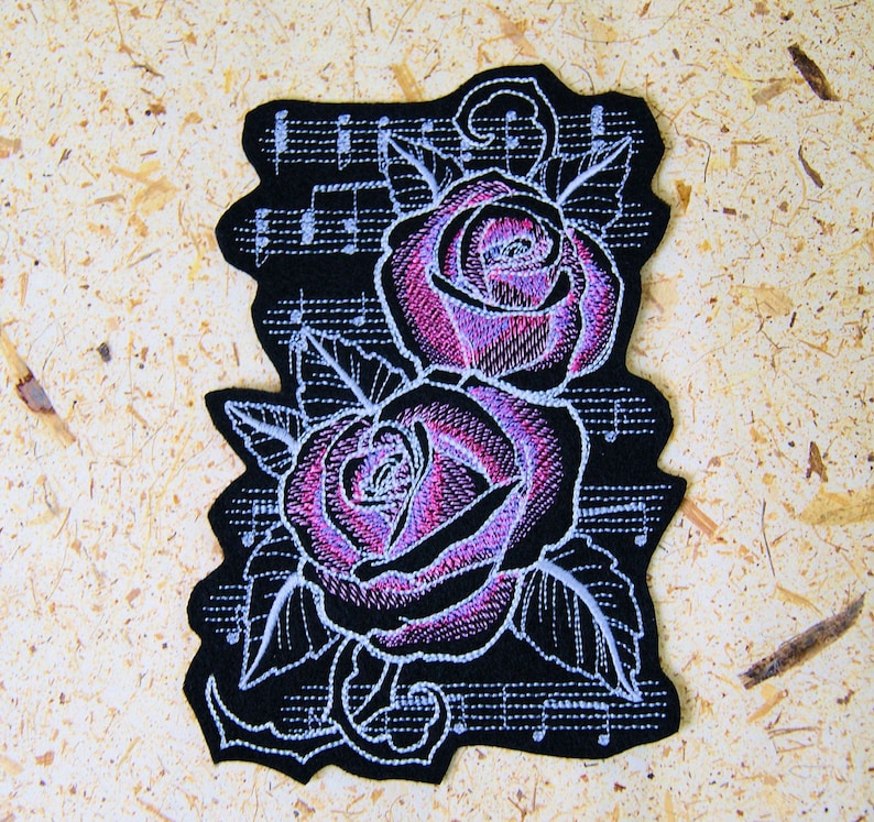 Roses and Notes Beautiful Music Iron on Embroidery Patch - Etsy