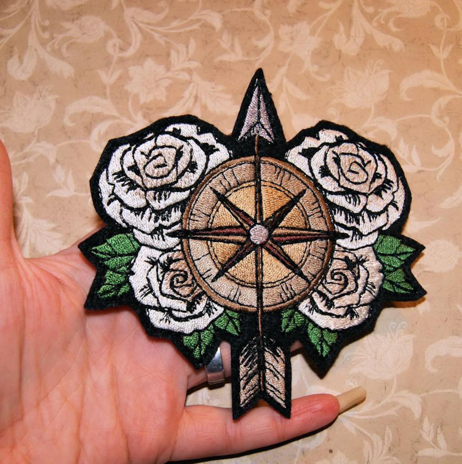 Steampunk Compass White Roses Iron on Embroidery Patch Mtcoffinz ...