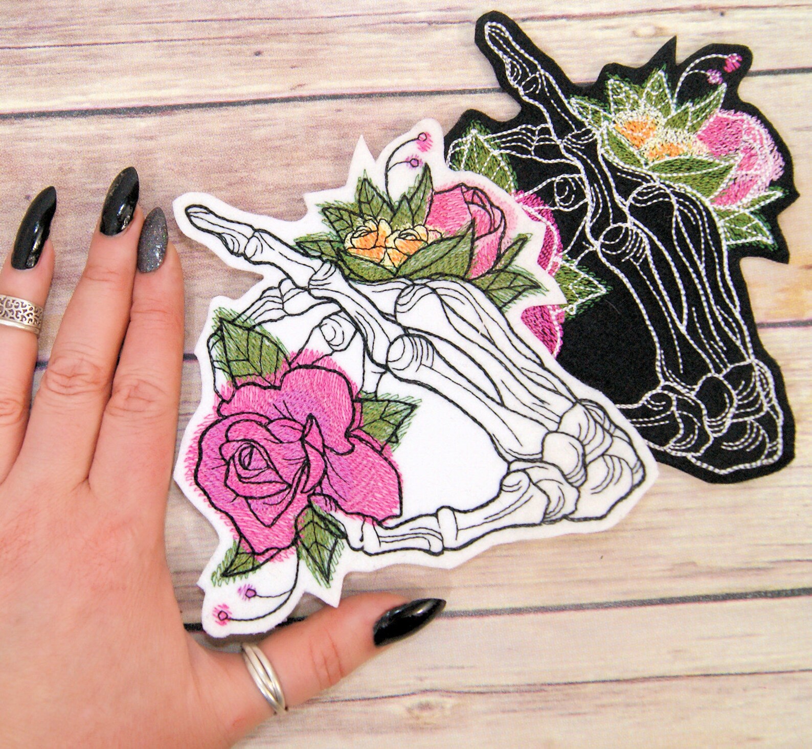 Skeleton Hand Flowers Gothic Dire Blooms Iron on Embroidery Patch ...