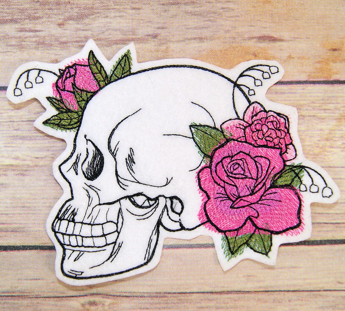 Human Skull Flowers Gothic Dire Blooms Iron on Embroidery Patch ...