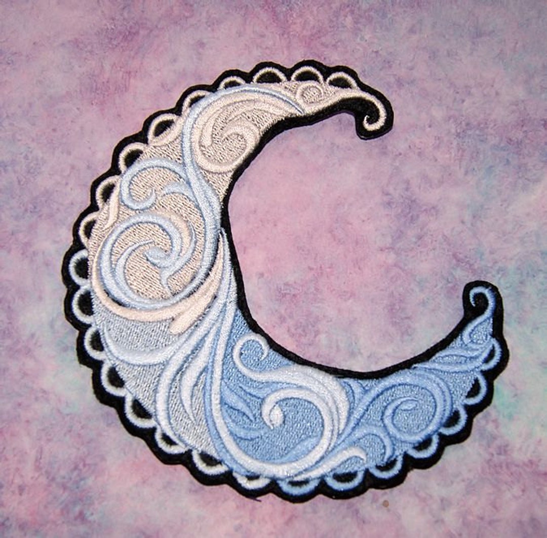 Ice Blue Crescent Moon Baroque Swirls Iron on Embroidery Patch ...