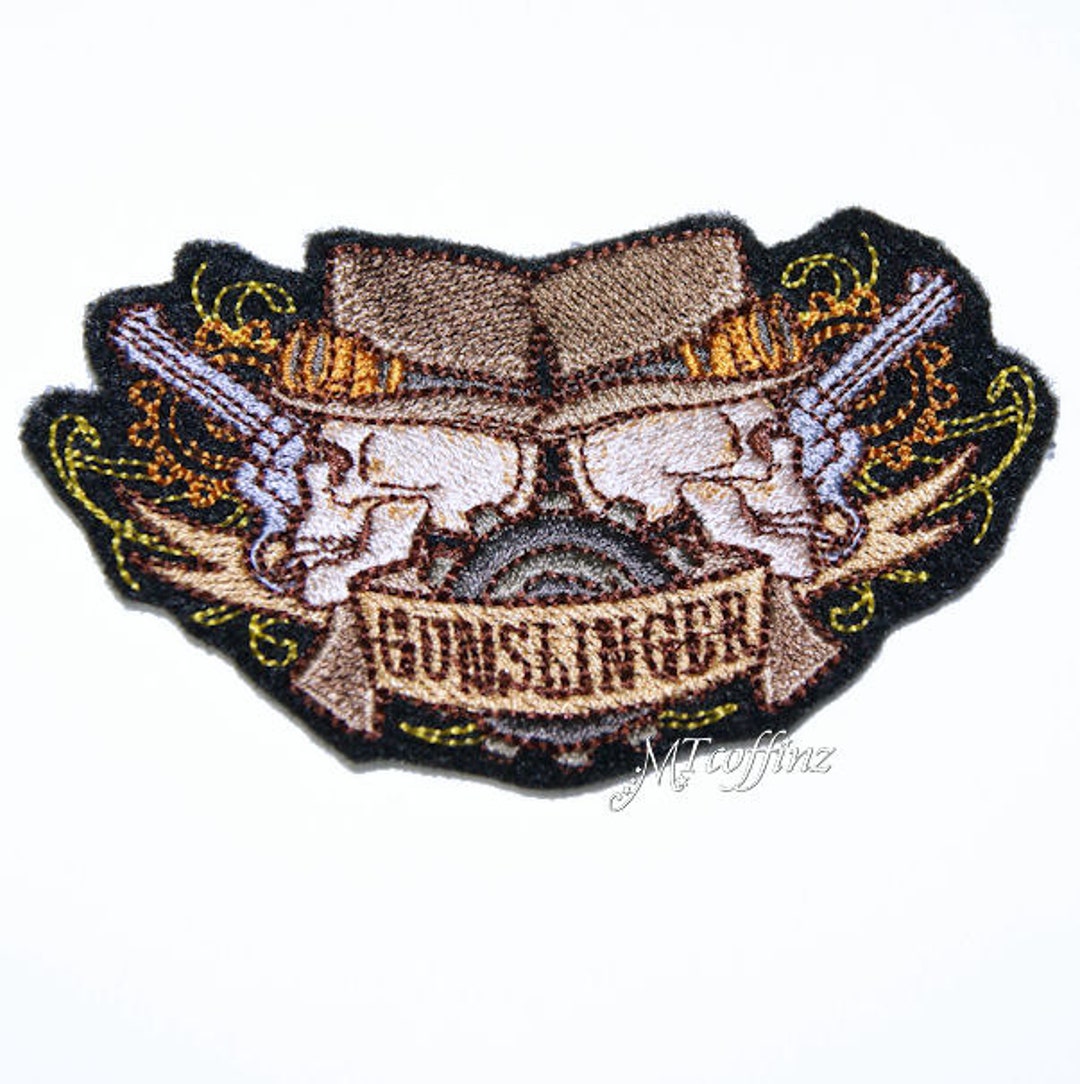 Gunslinger Dueling Pistols Skulls Iron on Embroidery Patch Mtcoffinz ...