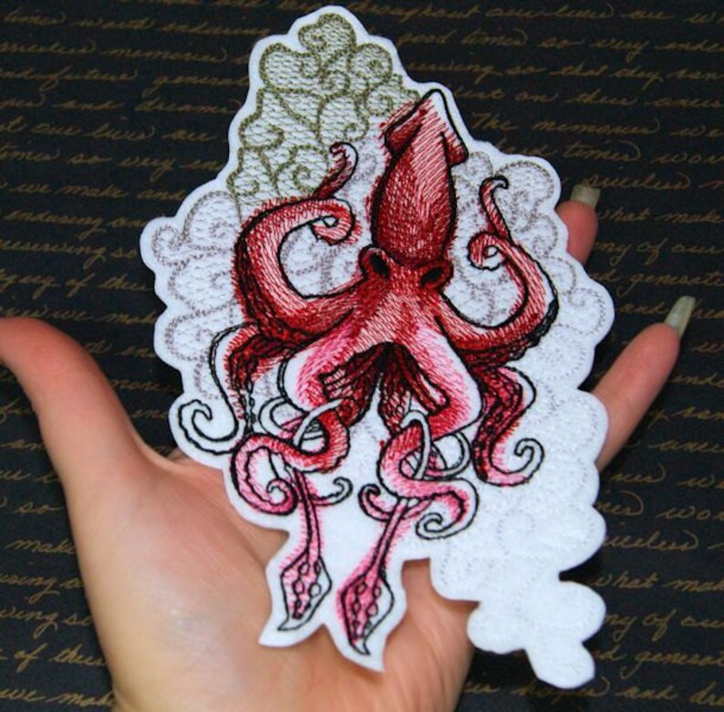 Red Squid Patch Kraken Retro Flash Tattoo Style Iron on Embroidery ...