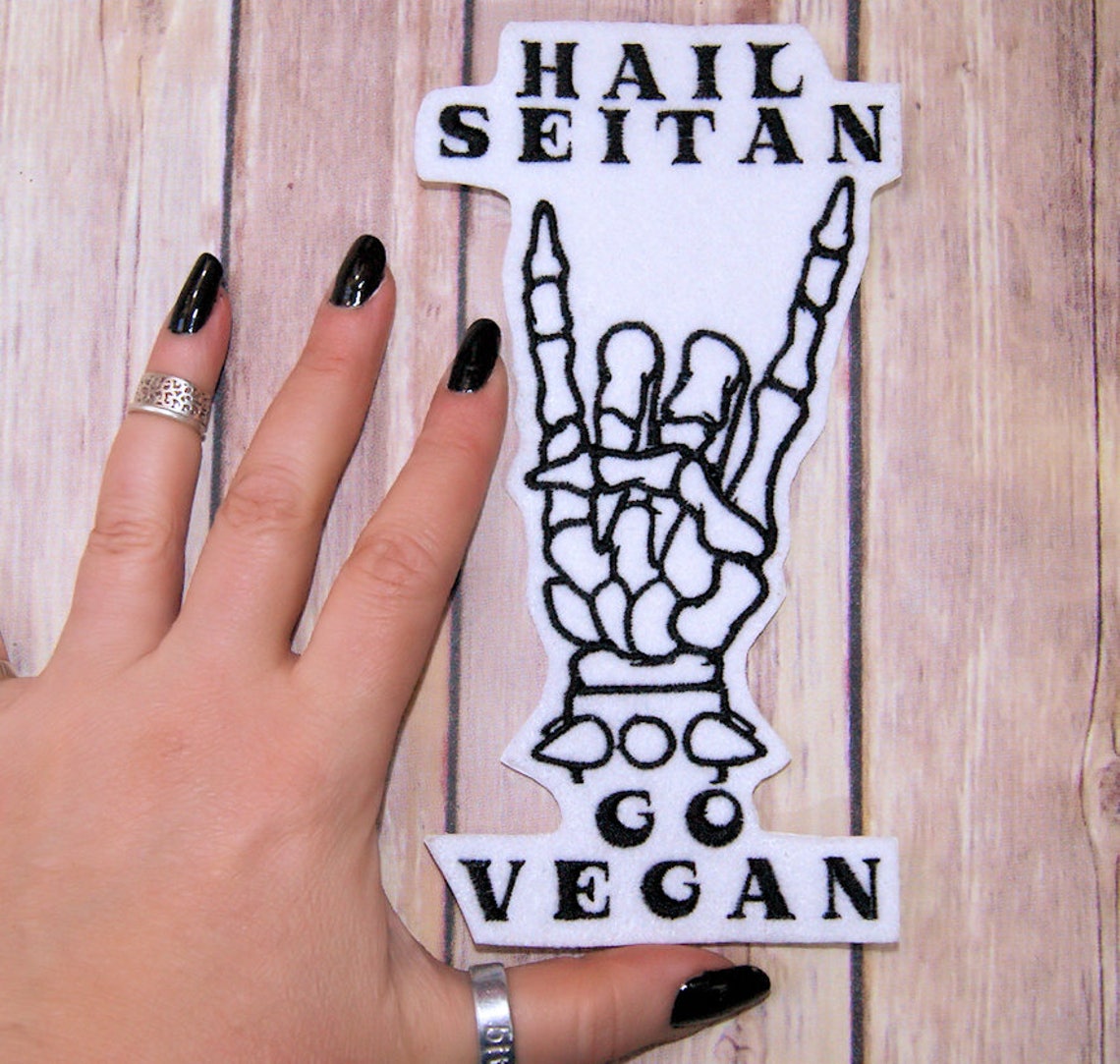 Hail Seitan - Vegetarian - Devil Horns Skeleton Hand Bones Iron on ...