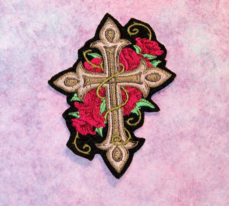Gothic Cross Roses Vines Iron on Embroidery Patch Mtcoffinz - Etsy