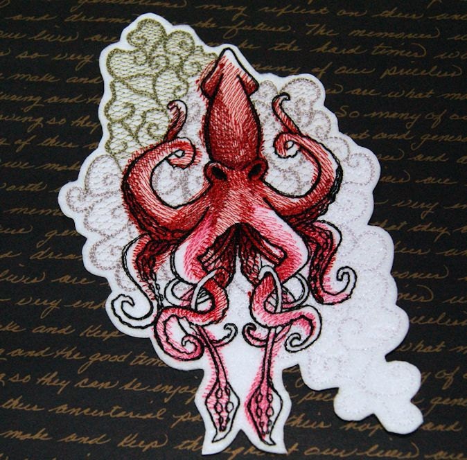 Red Squid Patch Kraken Retro Flash Tattoo Style Iron on Embroidery ...