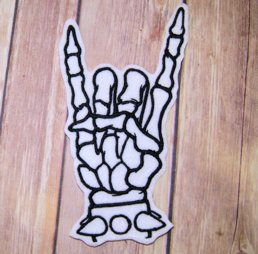 Rock and Roll Devil Horns Skeleton Hand Bones Iron on Embroidery Patch ...