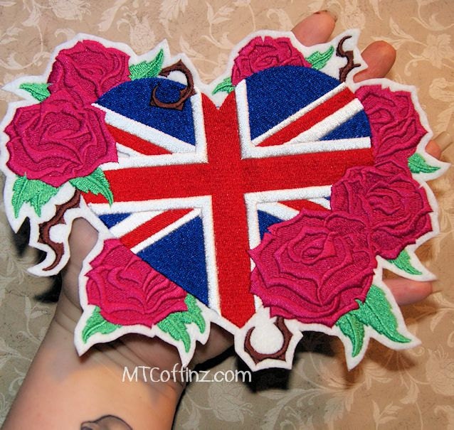 Red Roses Union Jack Flag Heart Iron on Embroidery Patch - Etsy