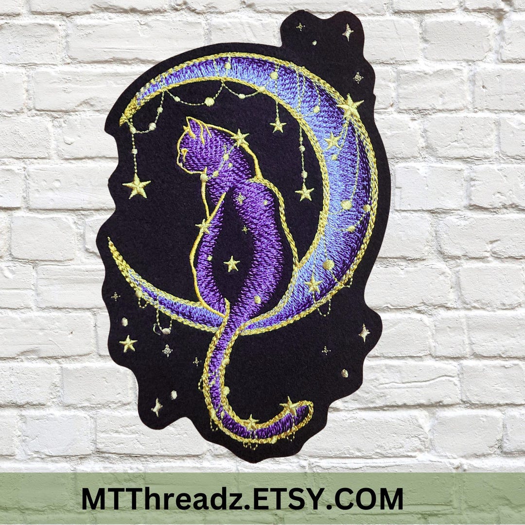 Spooky Black Cat Patch Crescent Moon Patch Purple Spooky Cat Starry ...