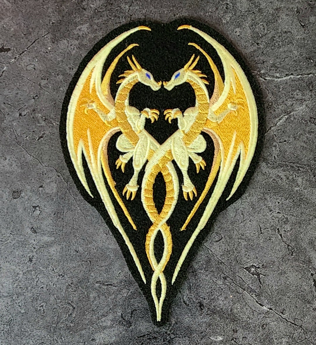 Intertwined Dragon Gold Heart Dueling Dragons Fantasy Iron on Embroidery Patch Mtcoffinz ...
