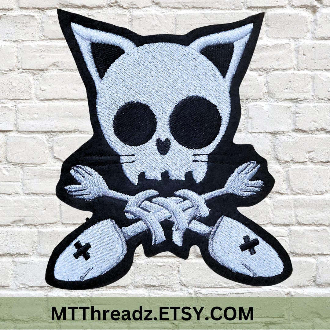 Cat Skull Crossbones Patch Kitty Skull and Crossbones Fish Skeleton Iron on Embroidery Patch ...